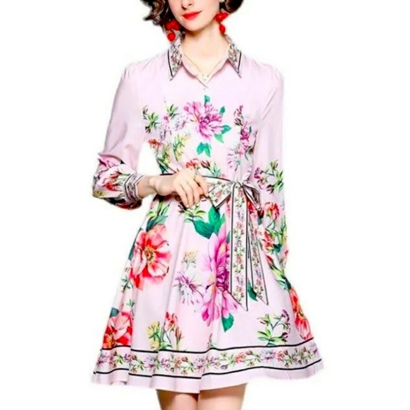 Dalia Macphee | Tops | Nwt Dalia Macphee Pink Multi Floral Mini Shirt Dress With Belt Medium ...